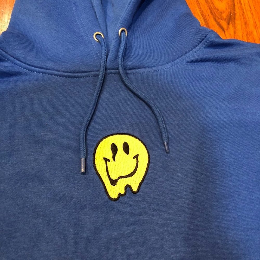 Dripping Smiley Face Royal Pullover Hoodie Sz L - Gem